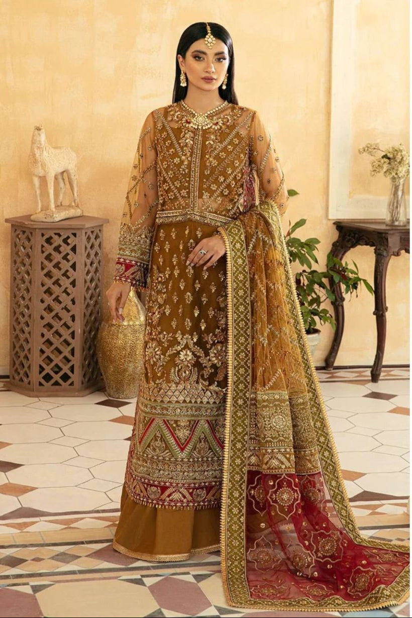 Pakistani & Indian Mustard Gold Embroidered Net Formal Suit – Luxury O
