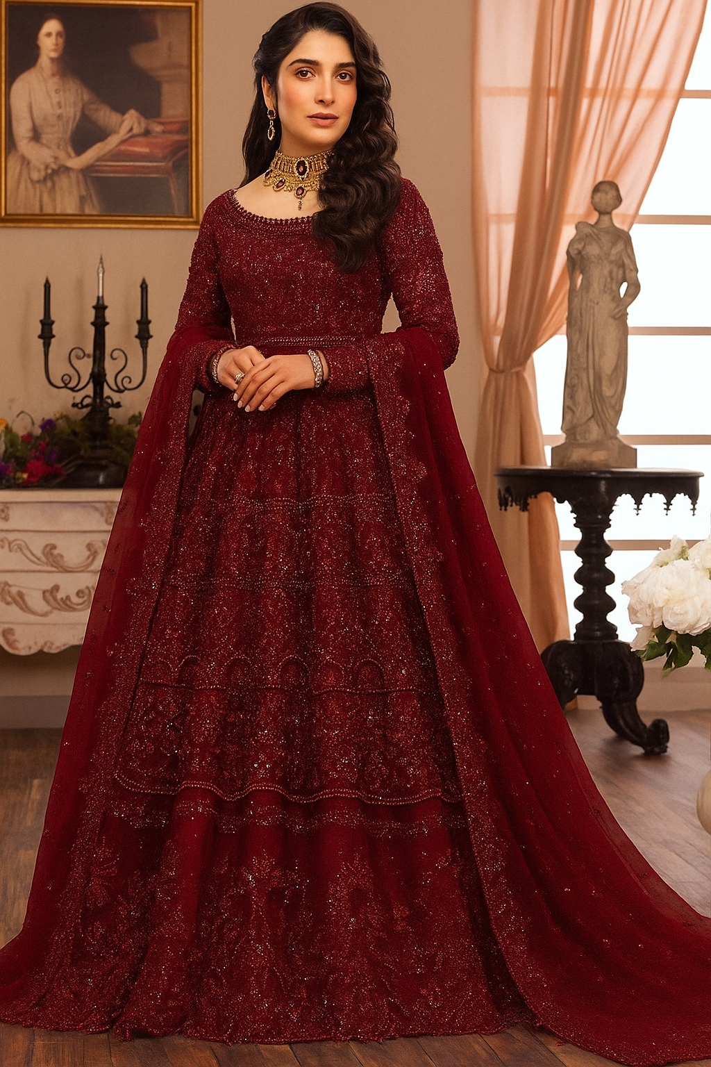 Indian & Pakistani Champagne Beige Embroidered Net Peshwas with Leheng